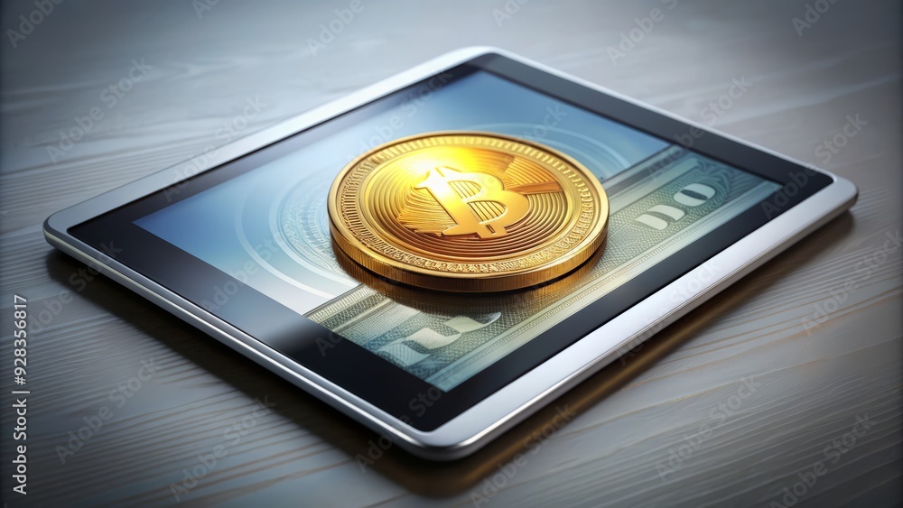 A modern digital token with a shiny metallic finish lies on a tablet ...