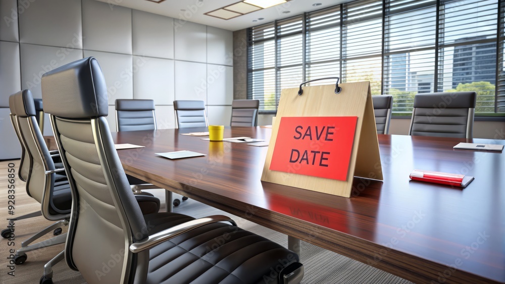 A modern conference room table with a calendar and notepad featuring a ...