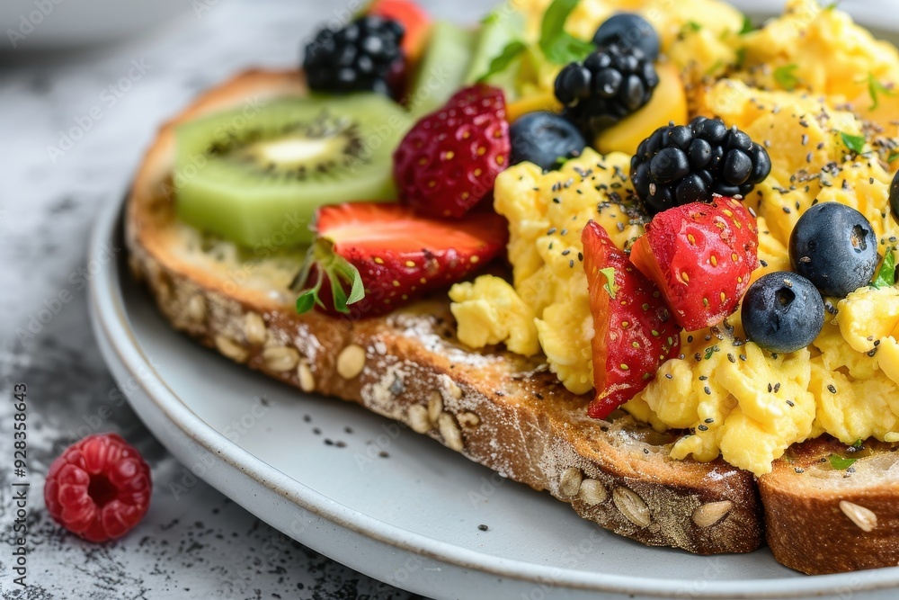 Colorful and nutritious breakfast of scrambled eggs on whole grain ...