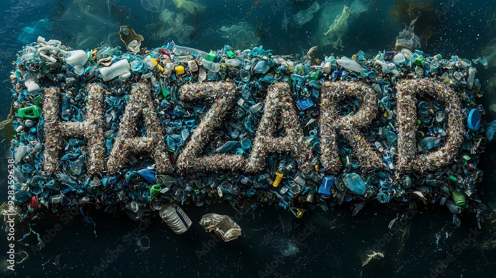 The image shows the word 'hazard' spelled out using plastic waste ...