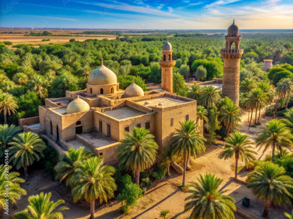 Ancient earthen mosque surrounded by lush oasis palms, nestled in vast ...