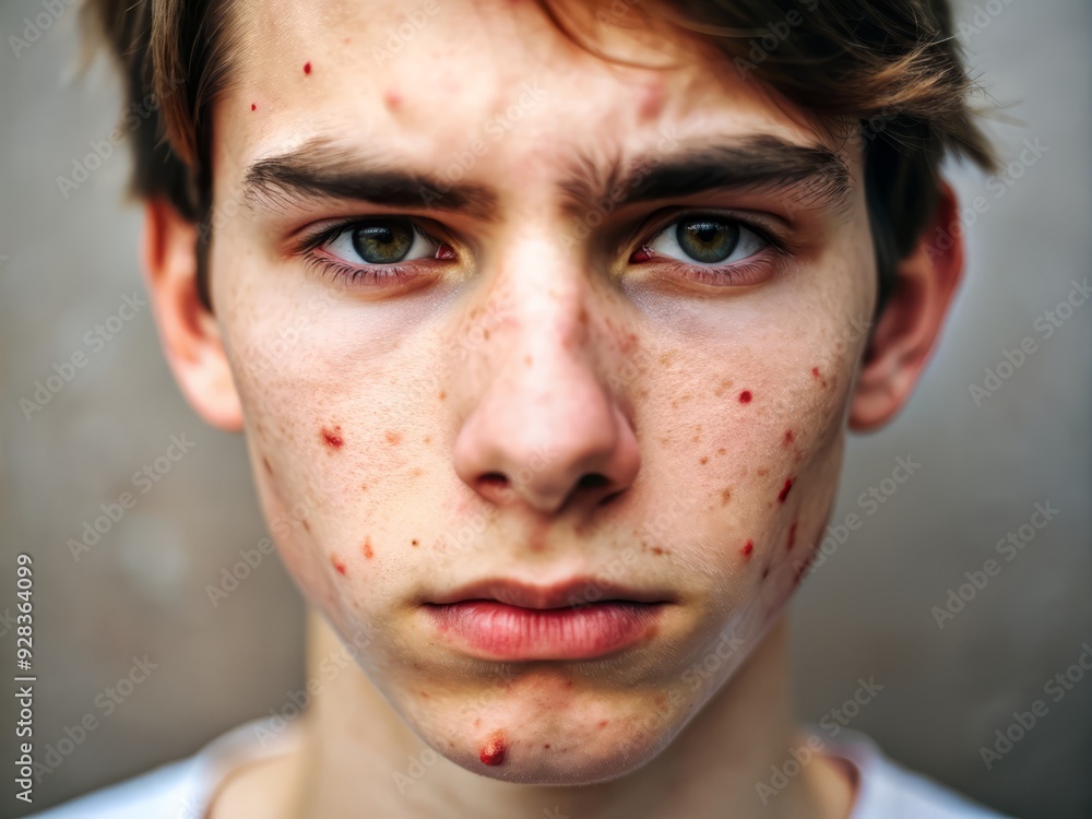 Close-up of a young adult's troubled skin, featuring pimples, rashes ...