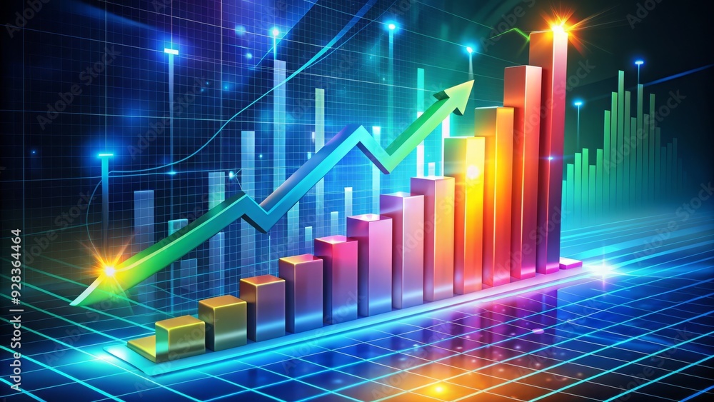 Colorful 3D infographic graph shows increasing progress bars, arrows ...