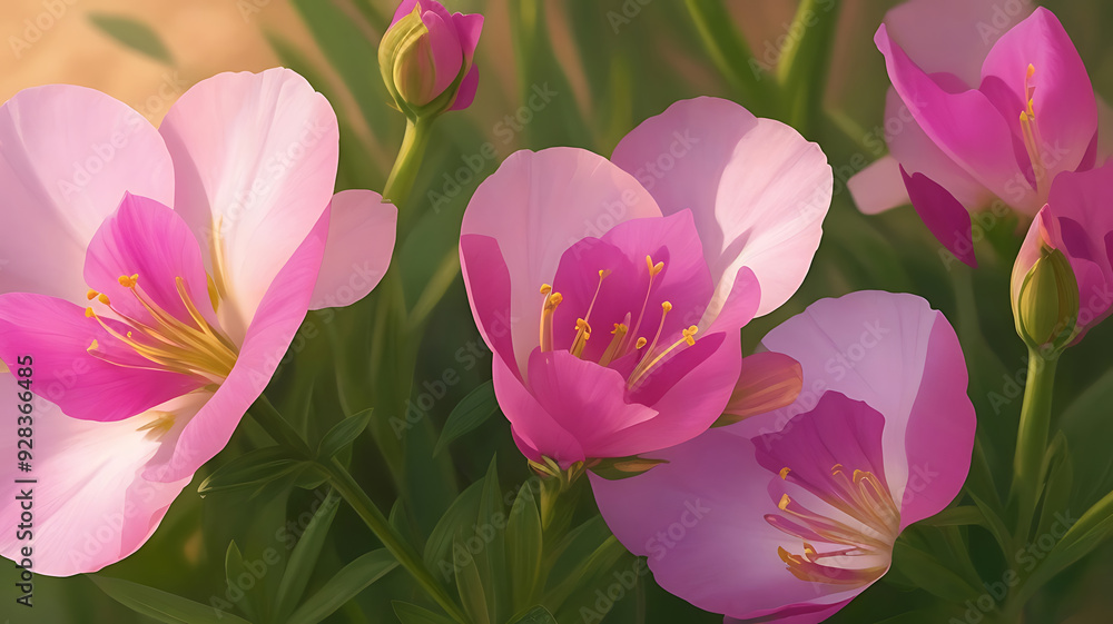 Realistic illustration pink evening primrose flowers with oenothera ...