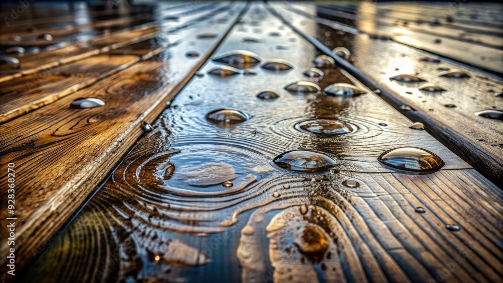 Droplets of water create a reflective puddle on a distressed wooden ...