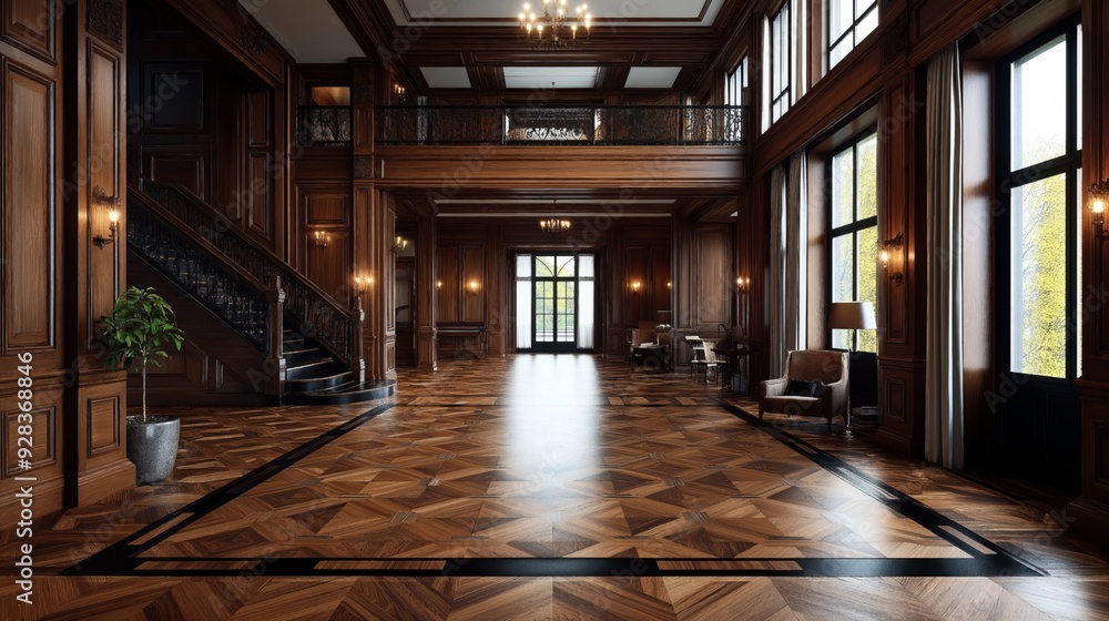 Luxurious interior of a grand hall with wooden paneling, intricate ...