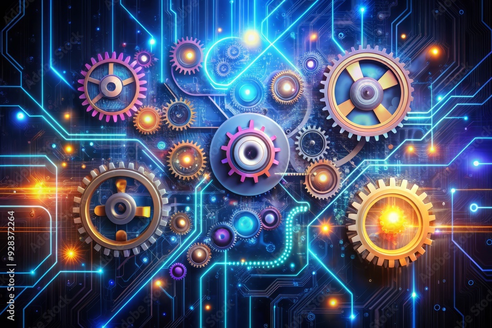 Futuristic abstract art collage featuring intertwined gears, circuits ...
