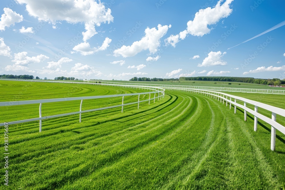 Desolate racecourse with green grass and white rails panoramic view ...