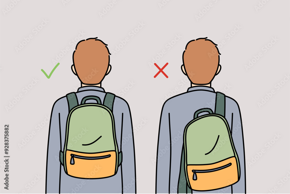 Vetor de Correct and incorrect wearing of backpack behind back ...