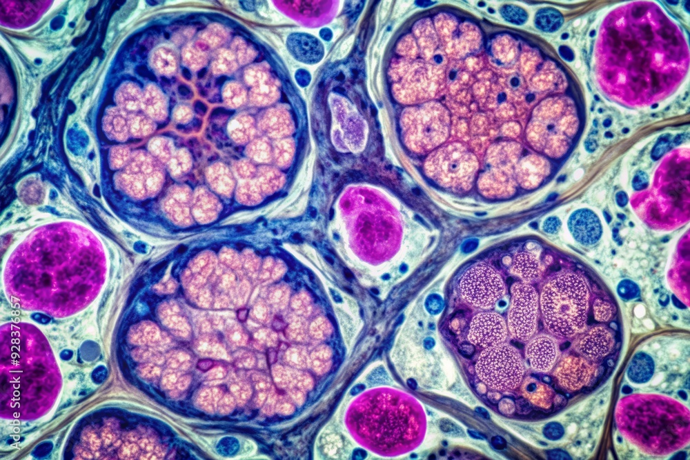 Magnified microscopic view of human lung tissue, revealing ductal cell ...