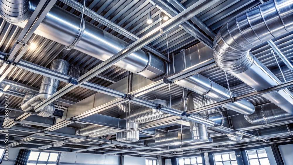 Modern HVAC system's sleek silver vents and ductwork crawl through a ...
