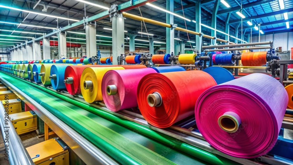 Rolls of vibrant fabric move along a conveyor belt in a busy textile ...