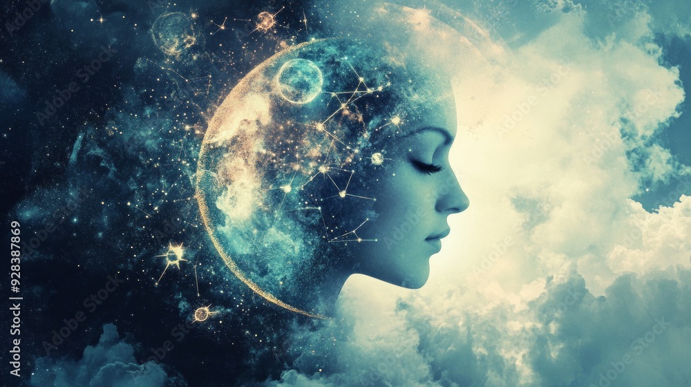 Celestial-inspired digital artwork featuring a woman's profile with ...