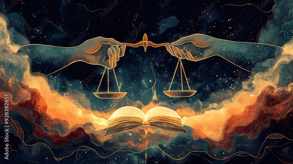 dynamic illustration showing two hands, one holding a scale of justice ...