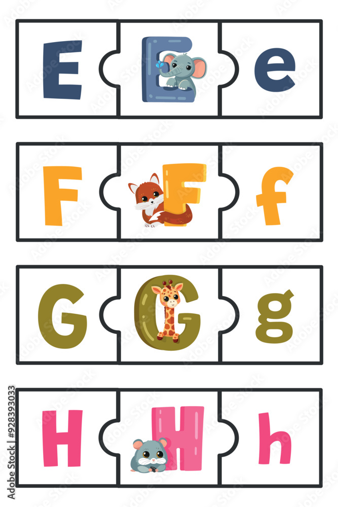 english alphabet puzzle uppercase and lower case letter match e-h ...