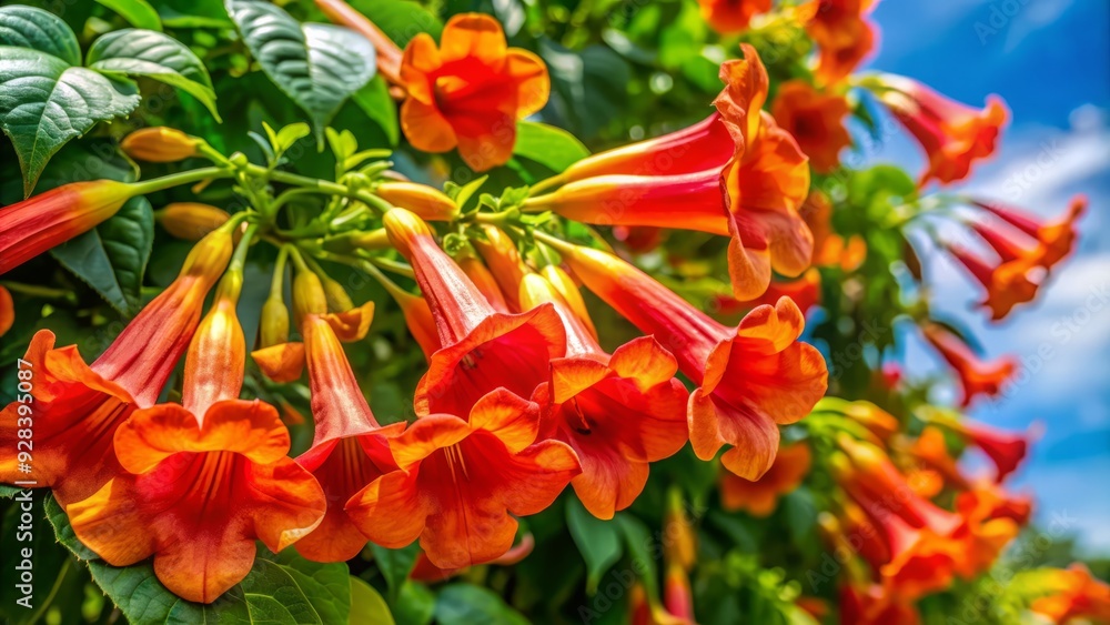 Vibrant orange-red trumpet-shaped flowers of the Chinese trumpet vine ...