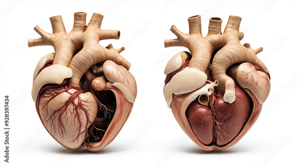 Detailed anatomical illustration of a human heart from two different ...