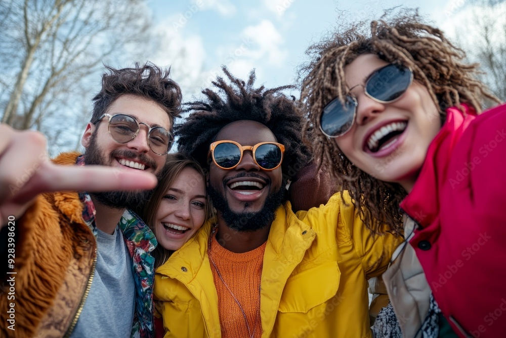 Group of happy friends posing for a selfie on a spring day as they ...