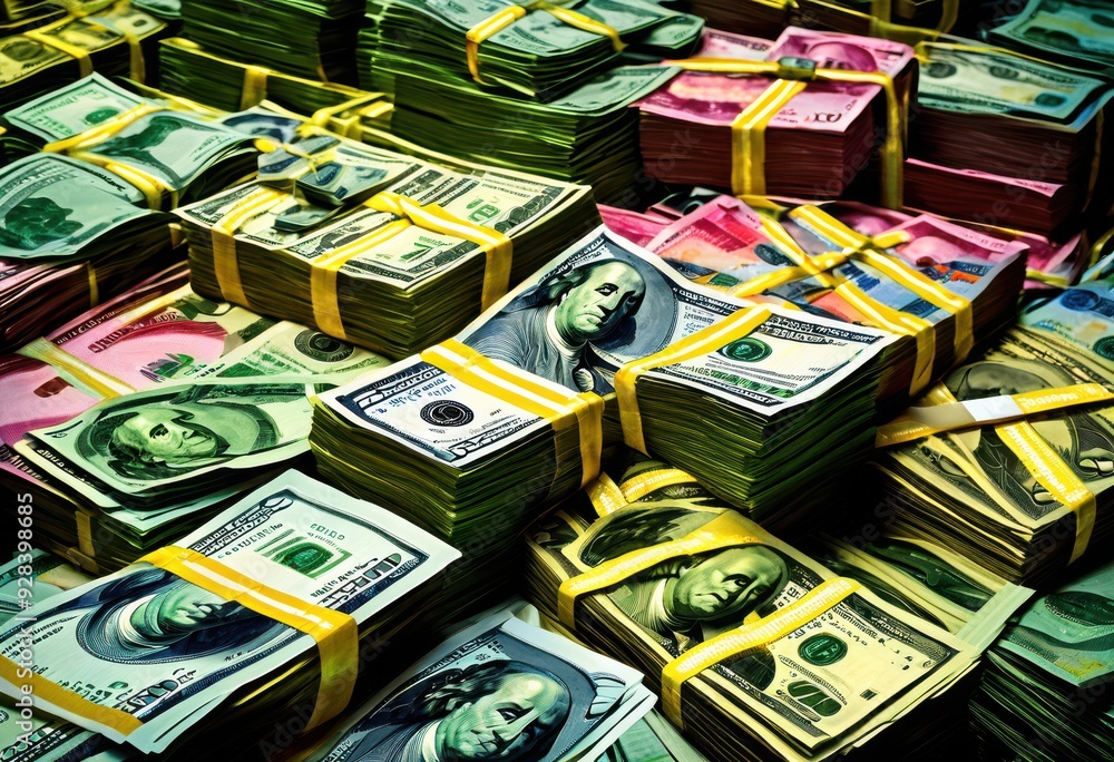 vibrant stacks cash dynamic bills displaying various denominations ...