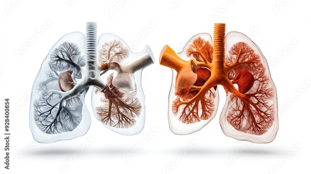 Digital illustration showing a comparison between healthy lungs and ...