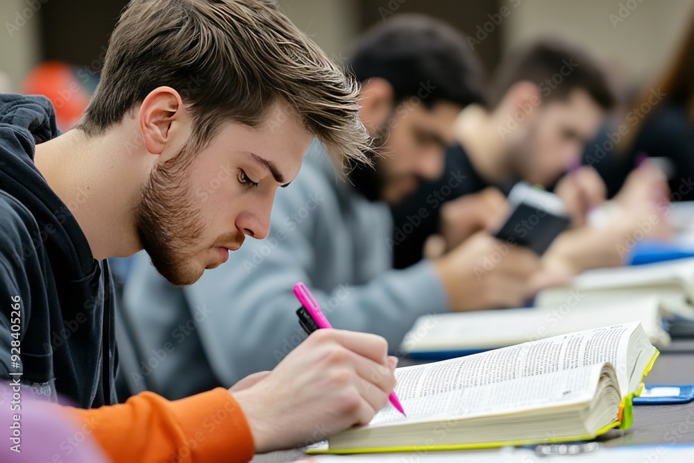 Students taking notes and highlighting text from open books during a ...
