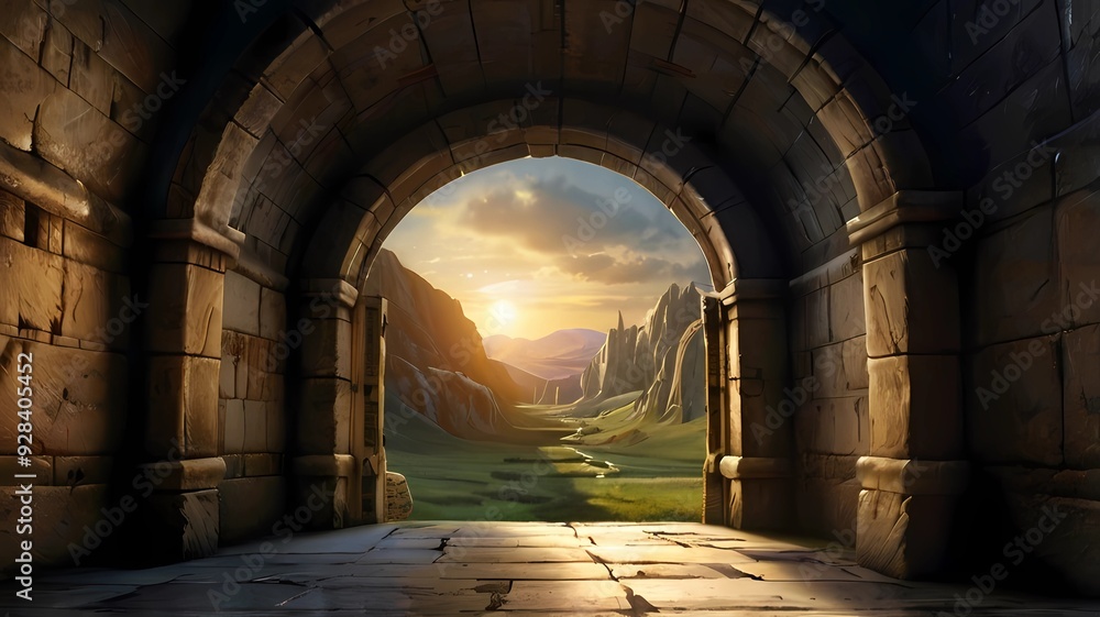 ภาพประกอบสต็อก ゲーム背景 中世地下牢風石造りの地下ダンジョン廊下と夕焼けの見える出口 ภาพ | Adobe Stock