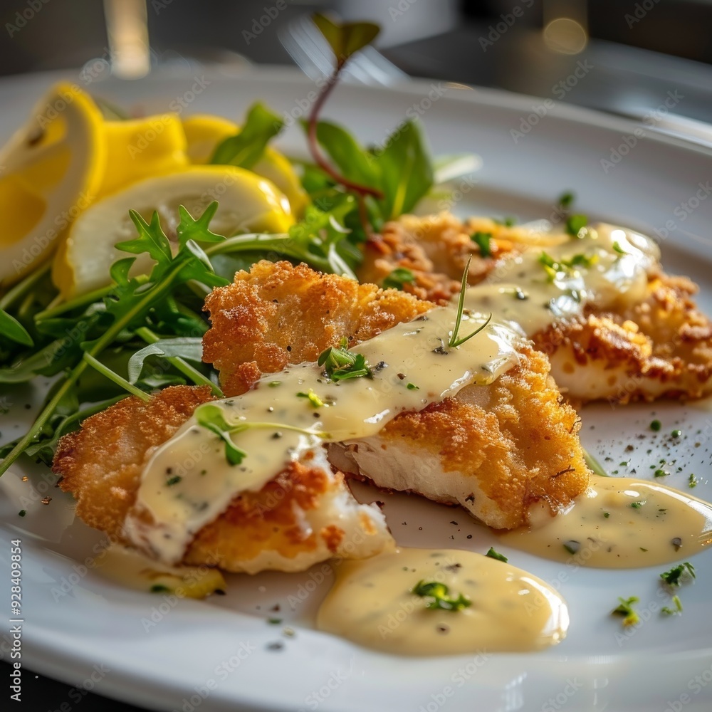 White Fish Fillet, Breaded Pike Perch, Zander Fillet with Cream Sauce ...