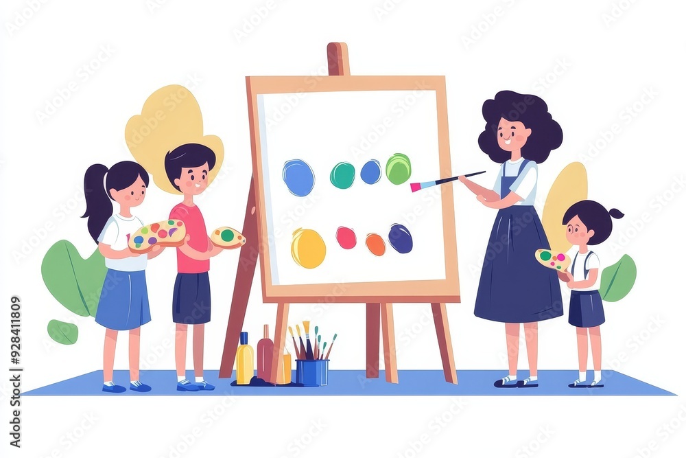 Children art school. Teacher, student, kids using palette and ...