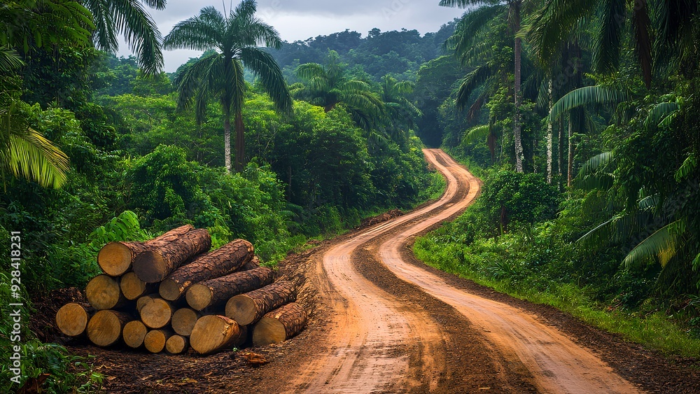 Logging Road through Dense Tropical Rainforest - Environmental Impact ...
