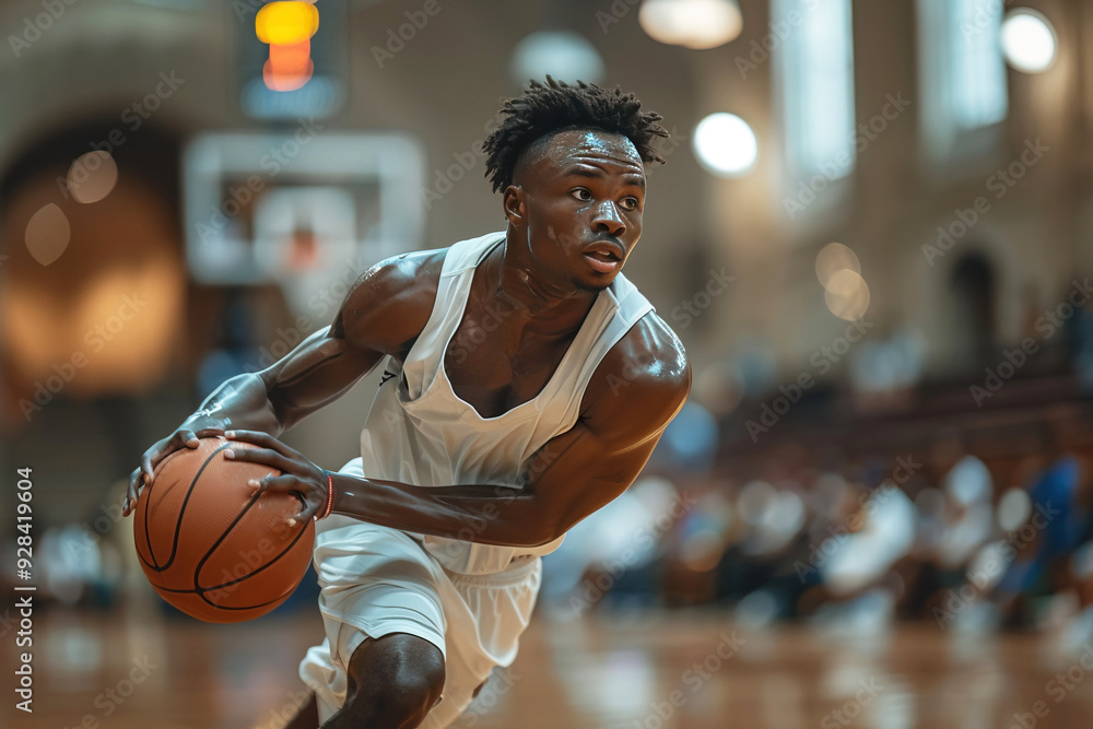 An African basketball player plays a match in motion with the ball ...