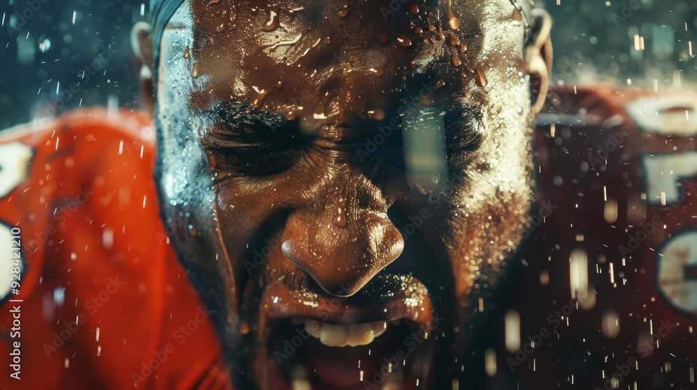 A close-up portrait of an American football player with sweat dripping ...
