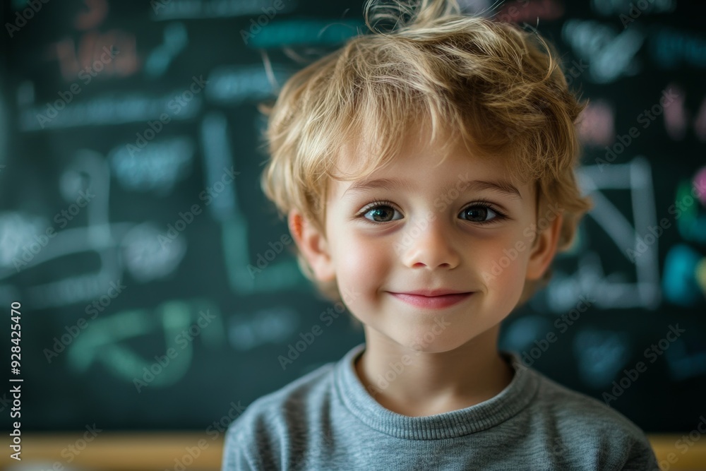 Cute face of pupil, close up. Pupil learning letters and numbers ...