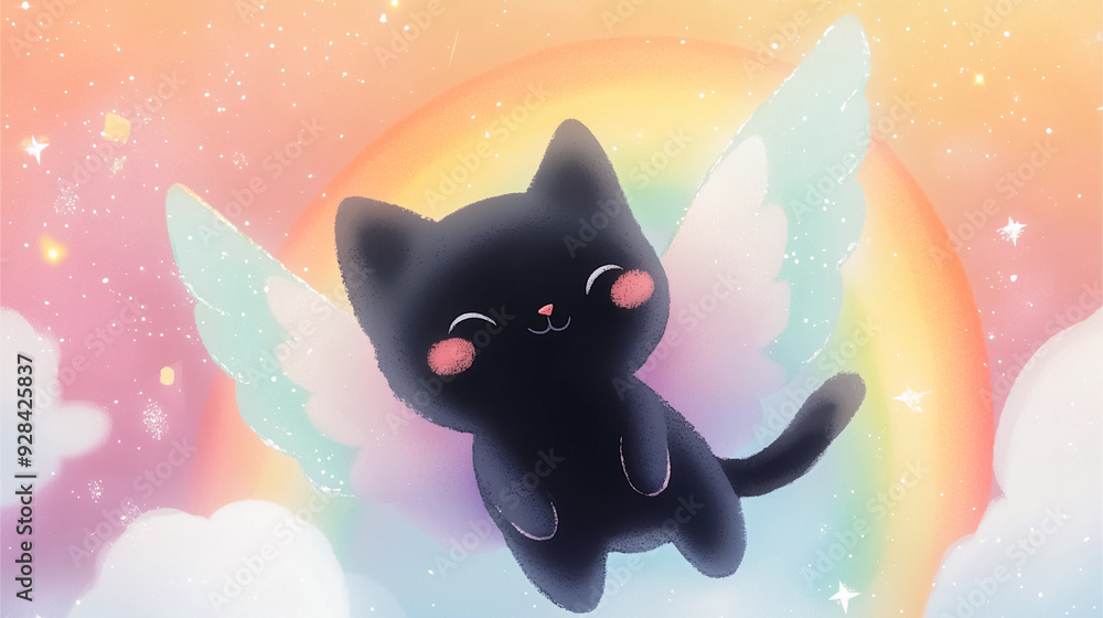Black kitten with rainbow-colored wings, floating in a dreamy, pastel ...
