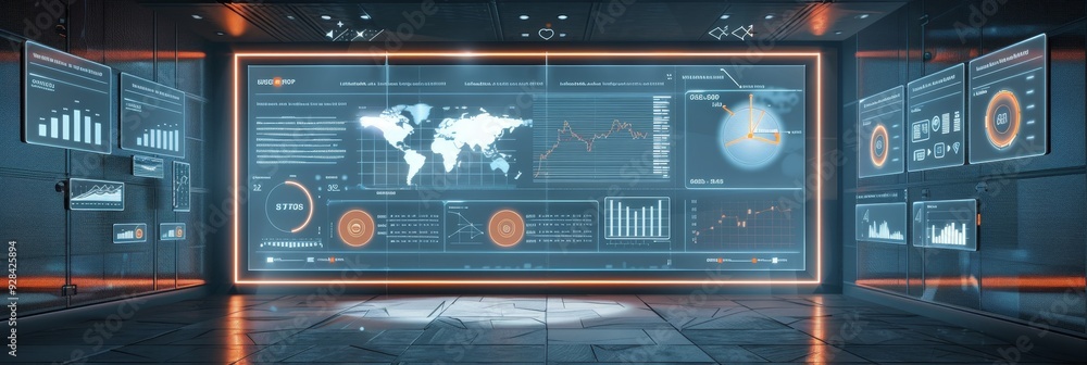 A futuristic, sleek control room with multiple screens displaying global data analytics, charts ...
