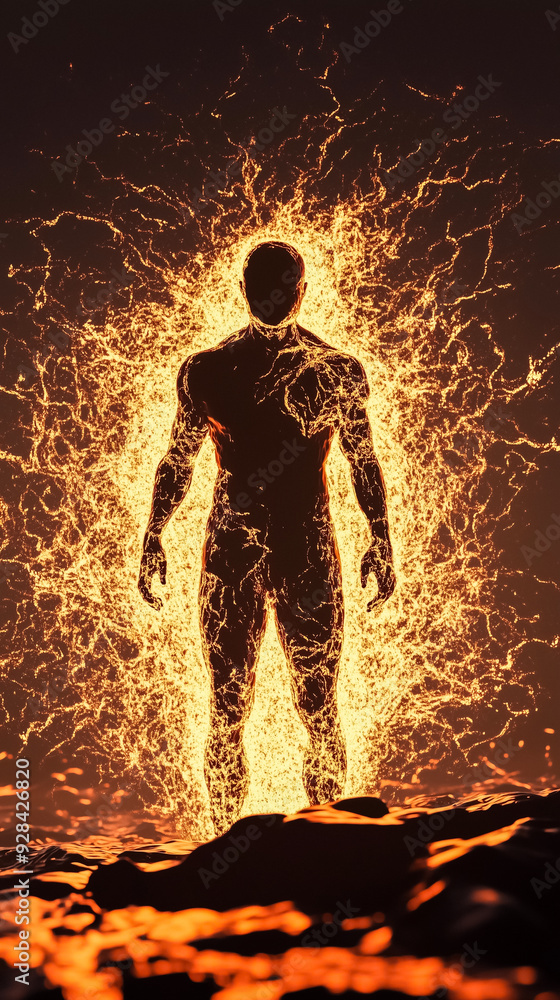 Burning figure of a man, fully engulfed in flames, walking through an ...