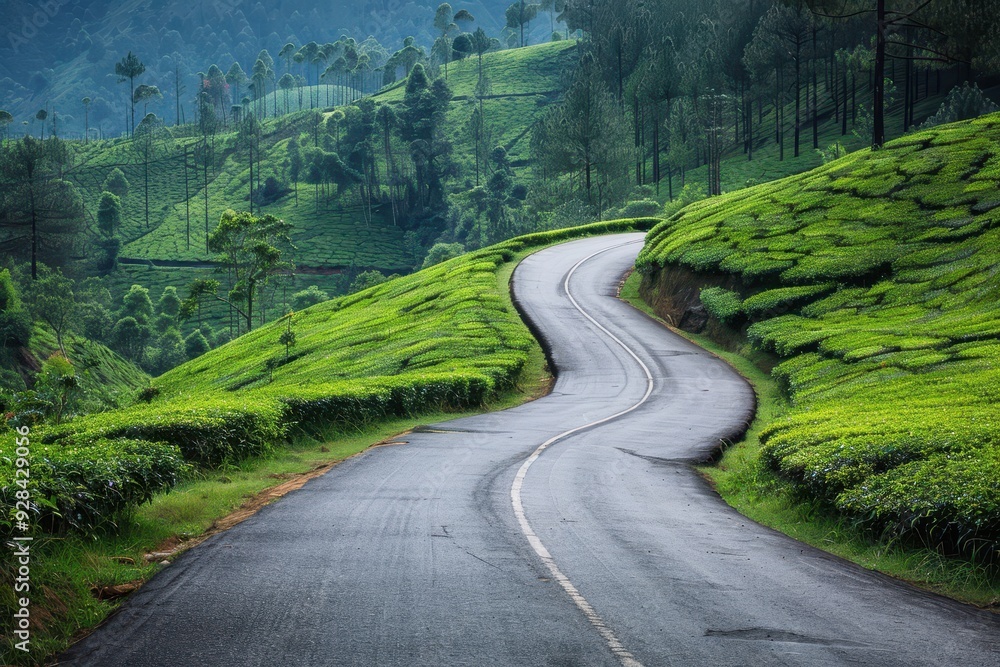 Scenic highway lined with tea plants showcasing Western Ghats from ...