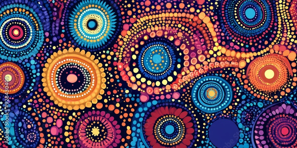 Vibrant Aboriginal Dot Art Landscape: Dreamlike River Scene with Duck ...