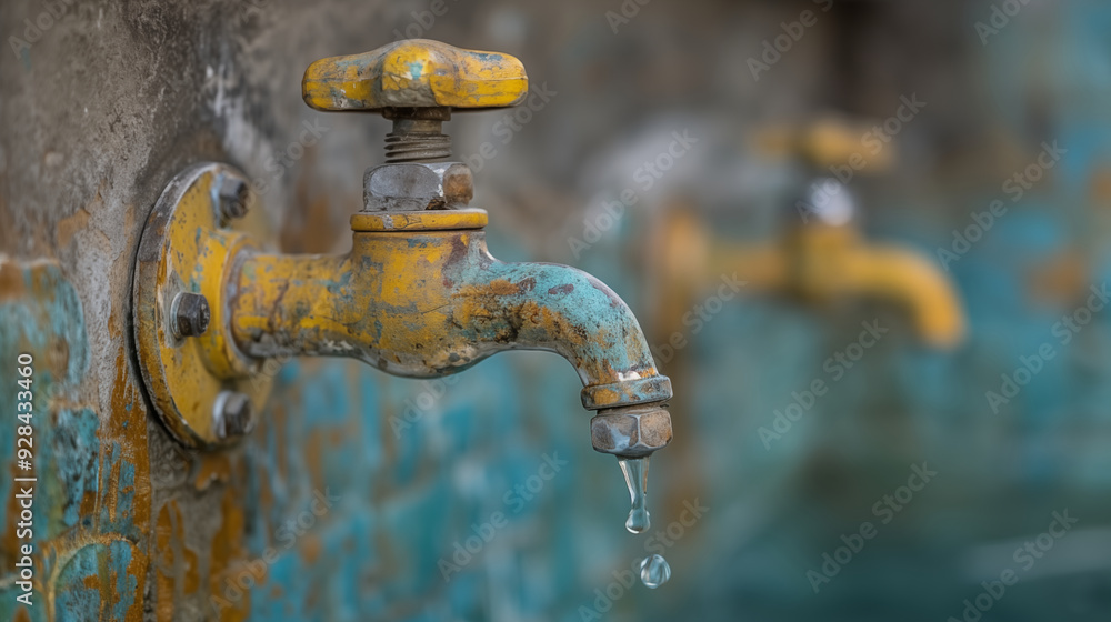 Foto de Rusty water faucet dripping in close-up, showing signs of wear ...