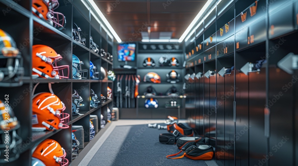 An interior shot of a locker room with multiple shelves filled with ...