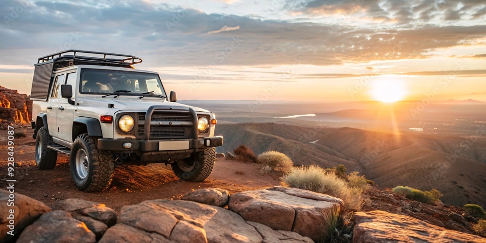 An off-road vehicle, a white SUV, is captured in a dramatic sunset ...