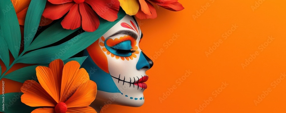 Elegant Catrina with a floral crown, set against a vibrant, symbolic ...