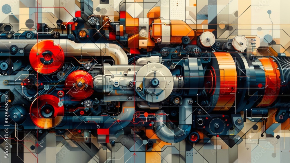 An abstract, geometric interpretation of a car engine, using bold ...