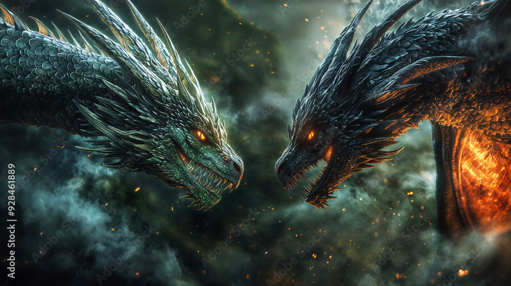 Epic dragon battle scene with two fierce fire-breathing dragons facing ...