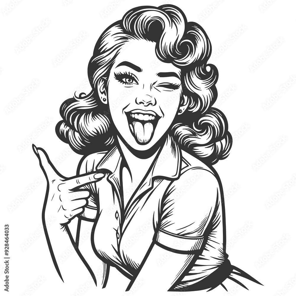 pin-up woman winking, sticking out her tongue, and playfully pointing ...