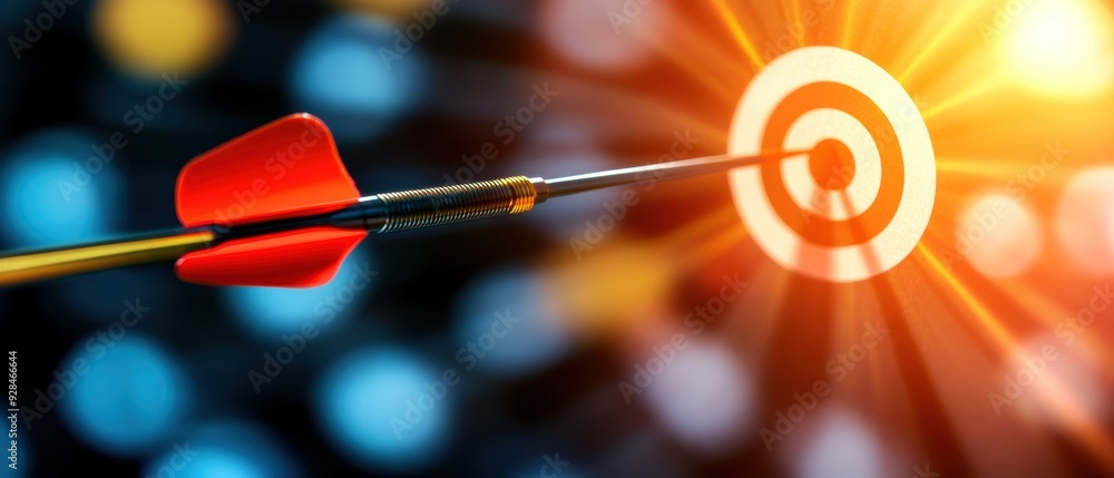 Arrow hitting a dartboard bullseye with a glowing light effect ...