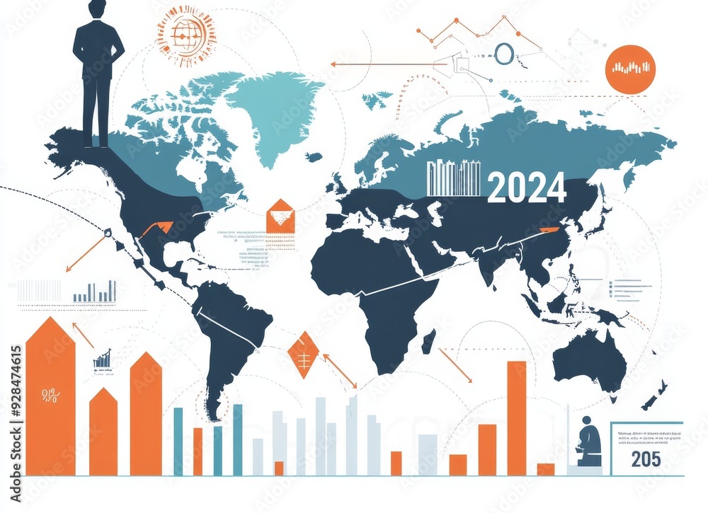 Global business trends of 2024 illustrated by a world map with data ...