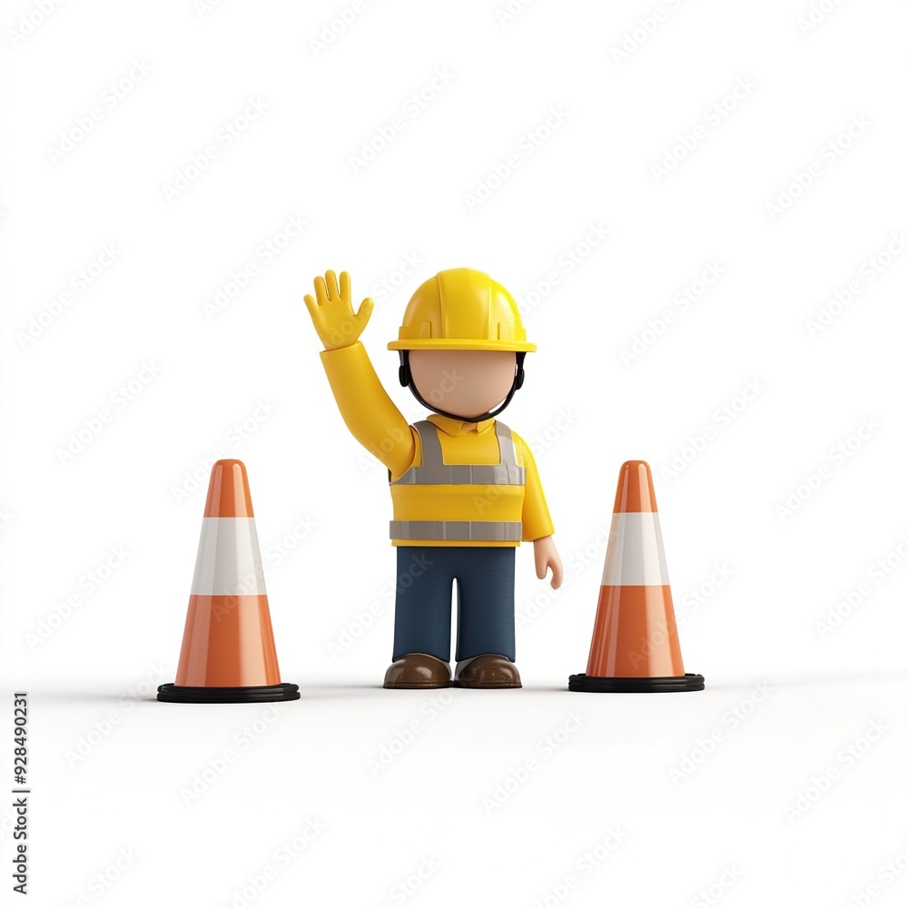3D cartoon illustration of a construction worker waving next to traffic ...