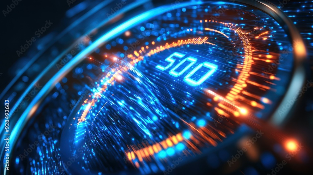 Futuristic digital speedometer at 500 with neon blue lights and dynamic ...
