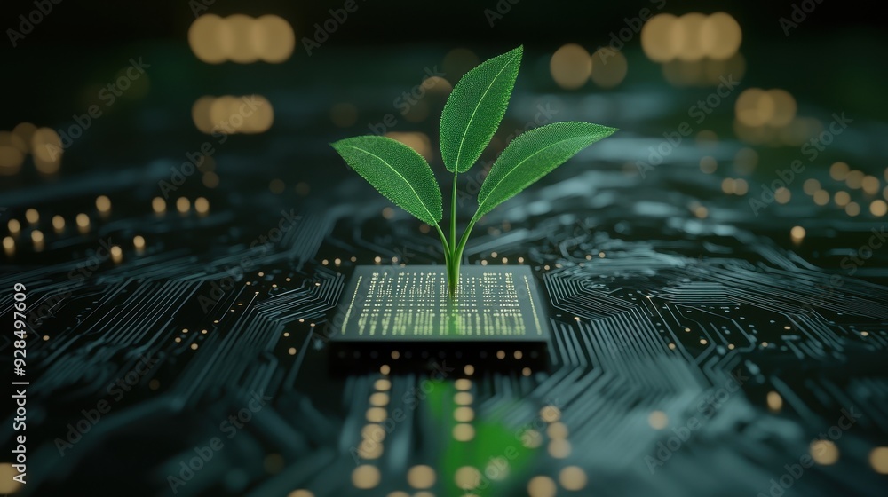 A green plant emerging from a microchip, symbolizing the fusion of ...