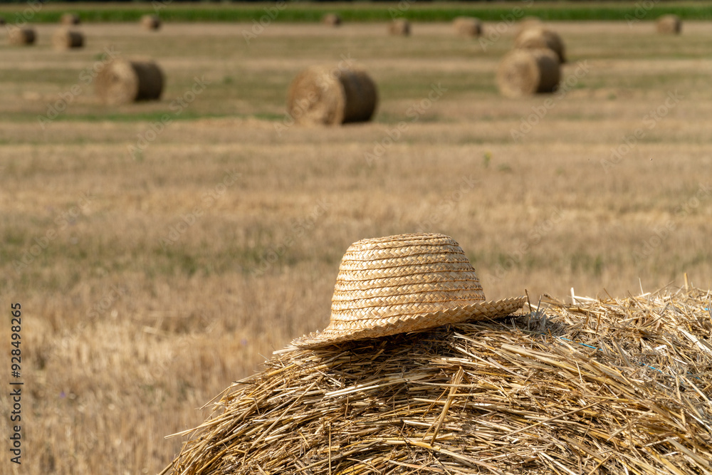 Handmade straw hat lying on a cylindrical hay bale in a farmers's field ...